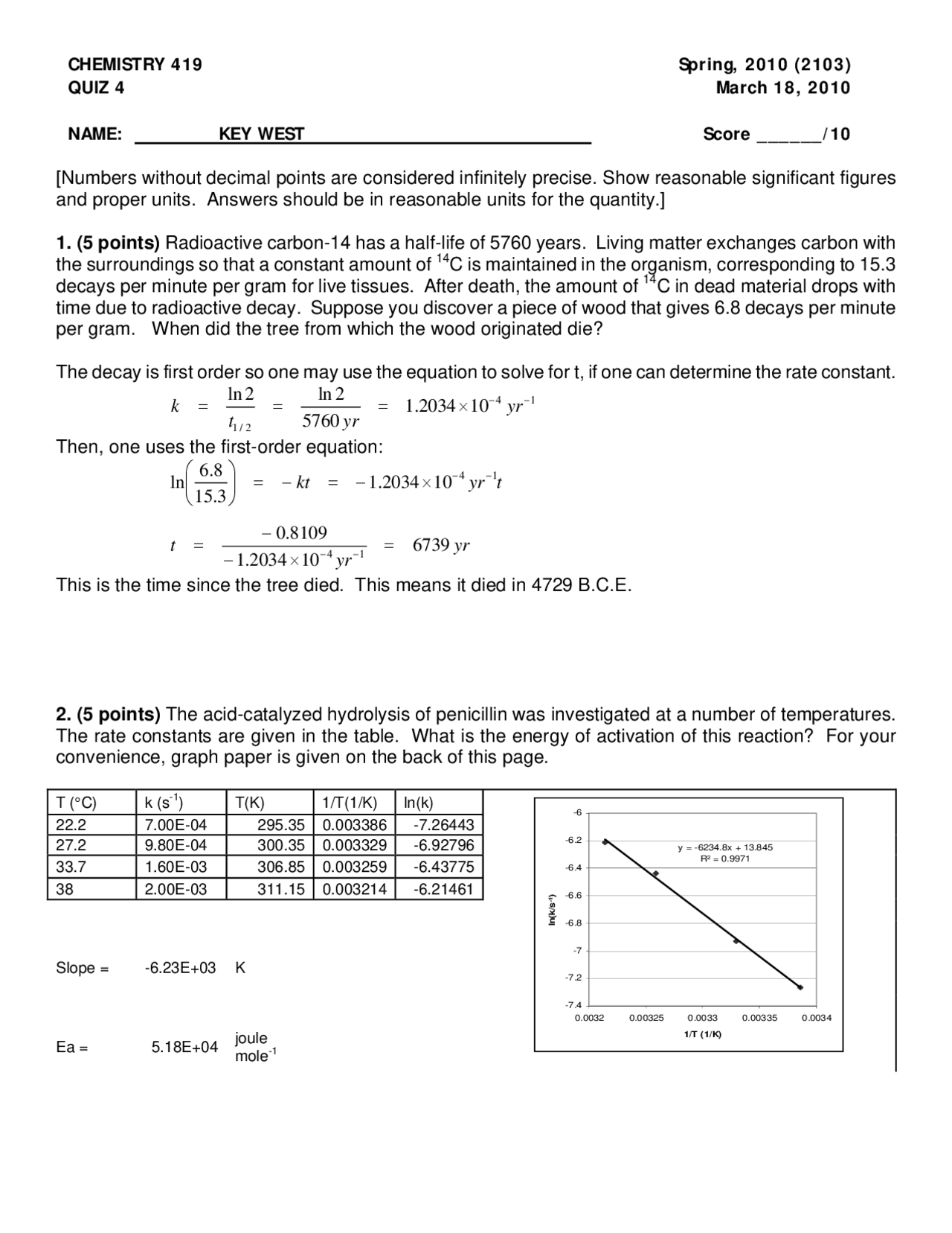 Quiz 4 Key West Introductory Physical Chemistry Chem 419 Docsity