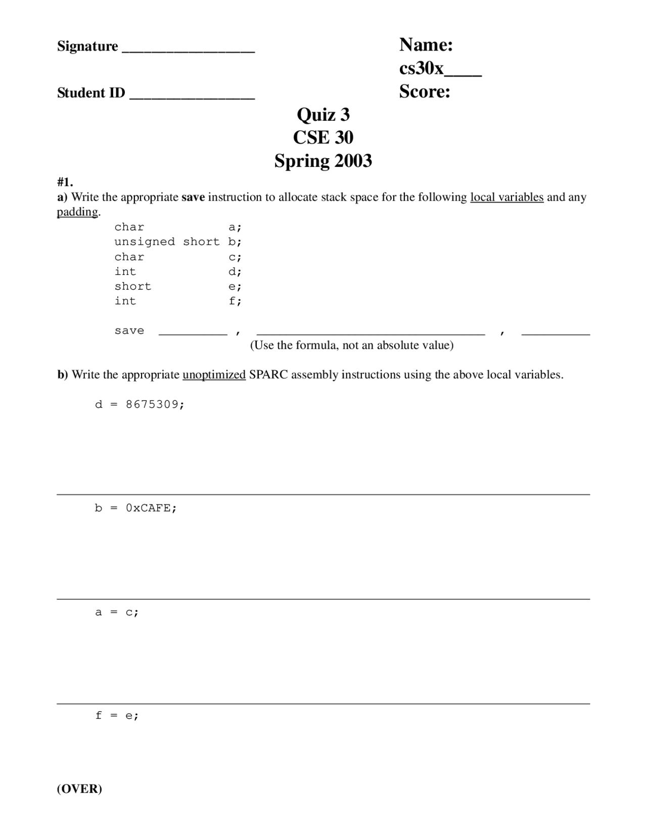 Quiz 3 Computer Organization And Systems Programming Spring 2003