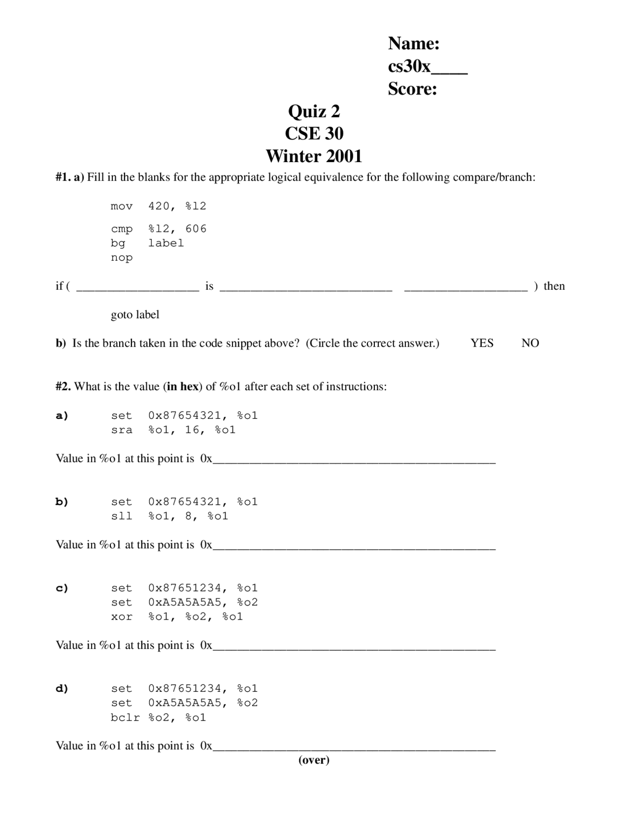 Practice Questions For Quiz 2 Computer Organization And Systems