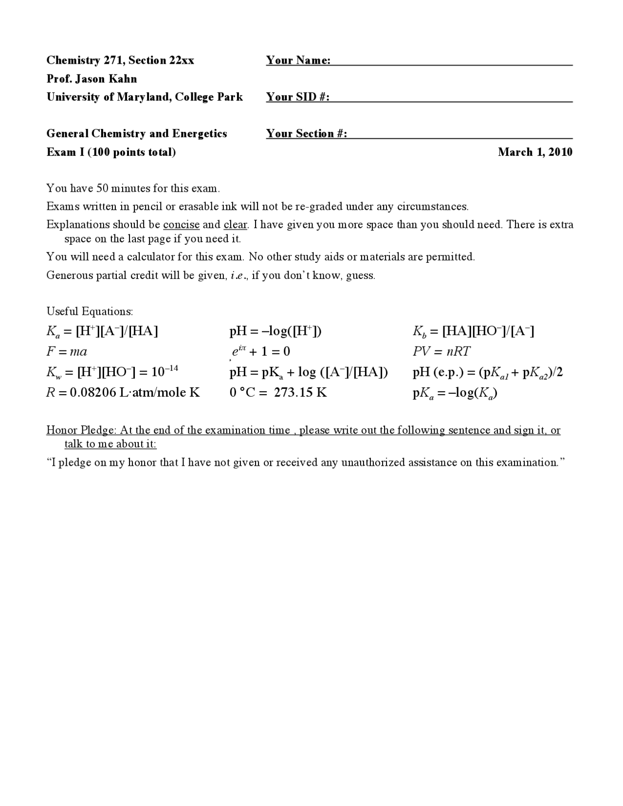 Exam 1 - Chemistry Fundamentals II | CHEM 271 - Docsity