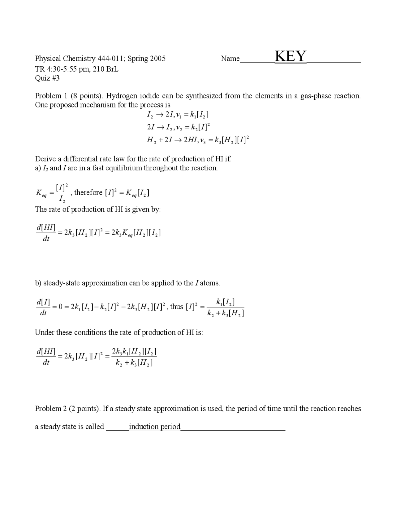 Quiz 3 Solution Key Physical Chemistry Ii Chem 444 Docsity