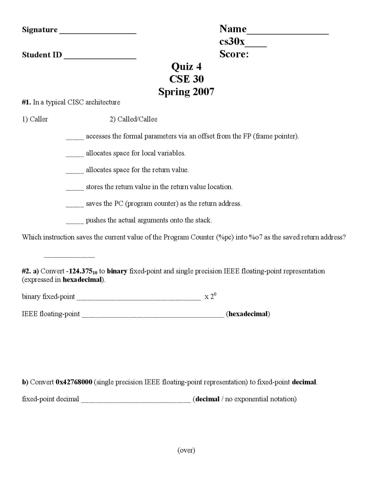Quiz 4 Computer Organization And Systems Programming Spring 2007 Cse 30 Docsity 2061