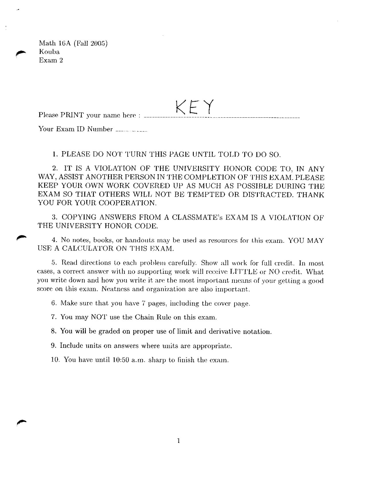 9 Questions On Short Calculus Exam 2 Mat 016a Docsity