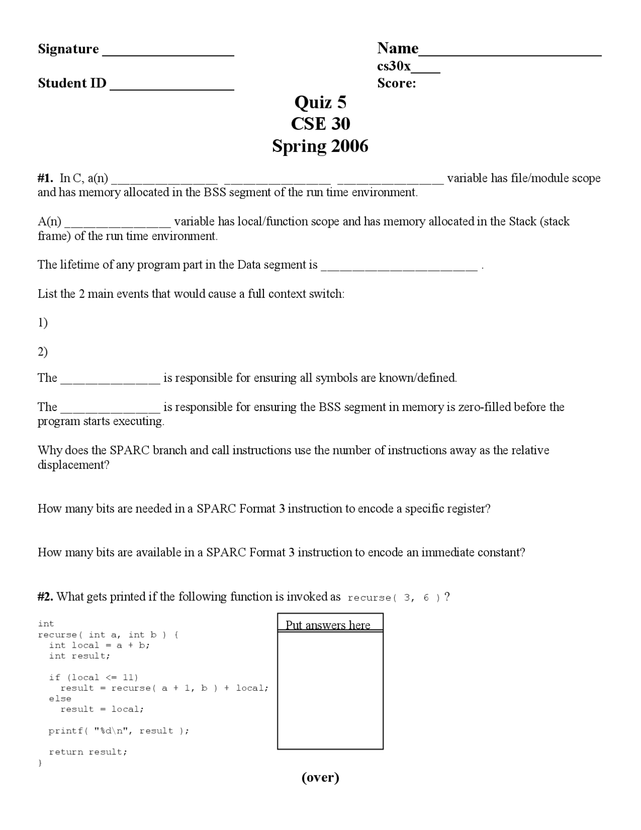 Computer Organization And Systems Programming Quiz 5 Cse 30 Docsity