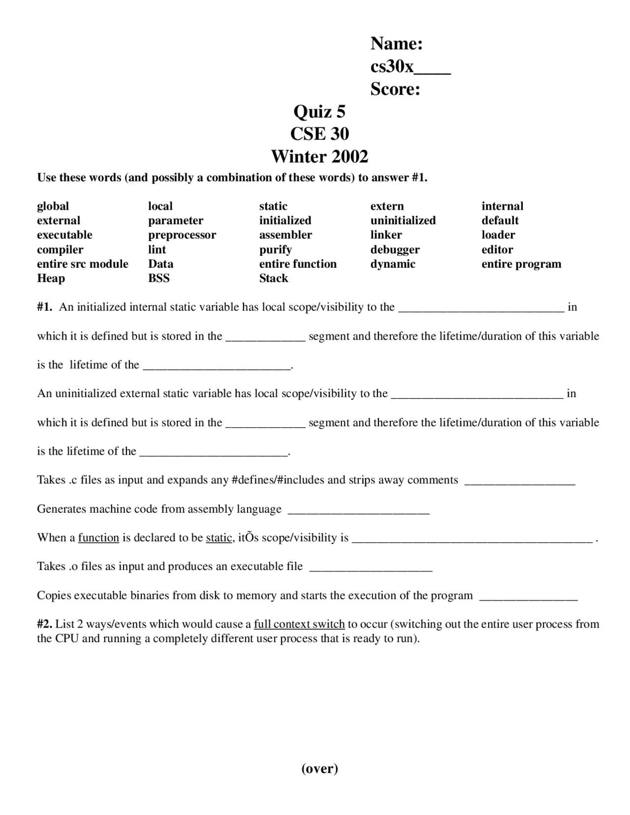 4 Problems For Quiz 5 Computer Organization And Systems Program Cse 30 Docsity