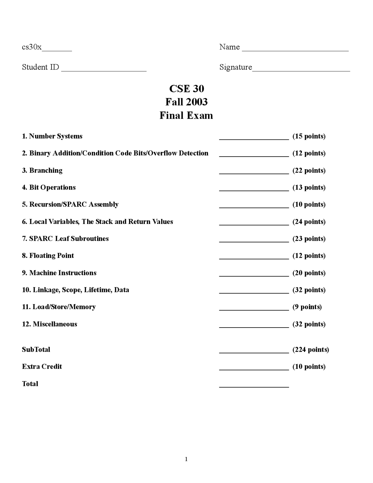 Computer Organization and Systems Programming - Sample Final Exam | CSE 30 - Docsity