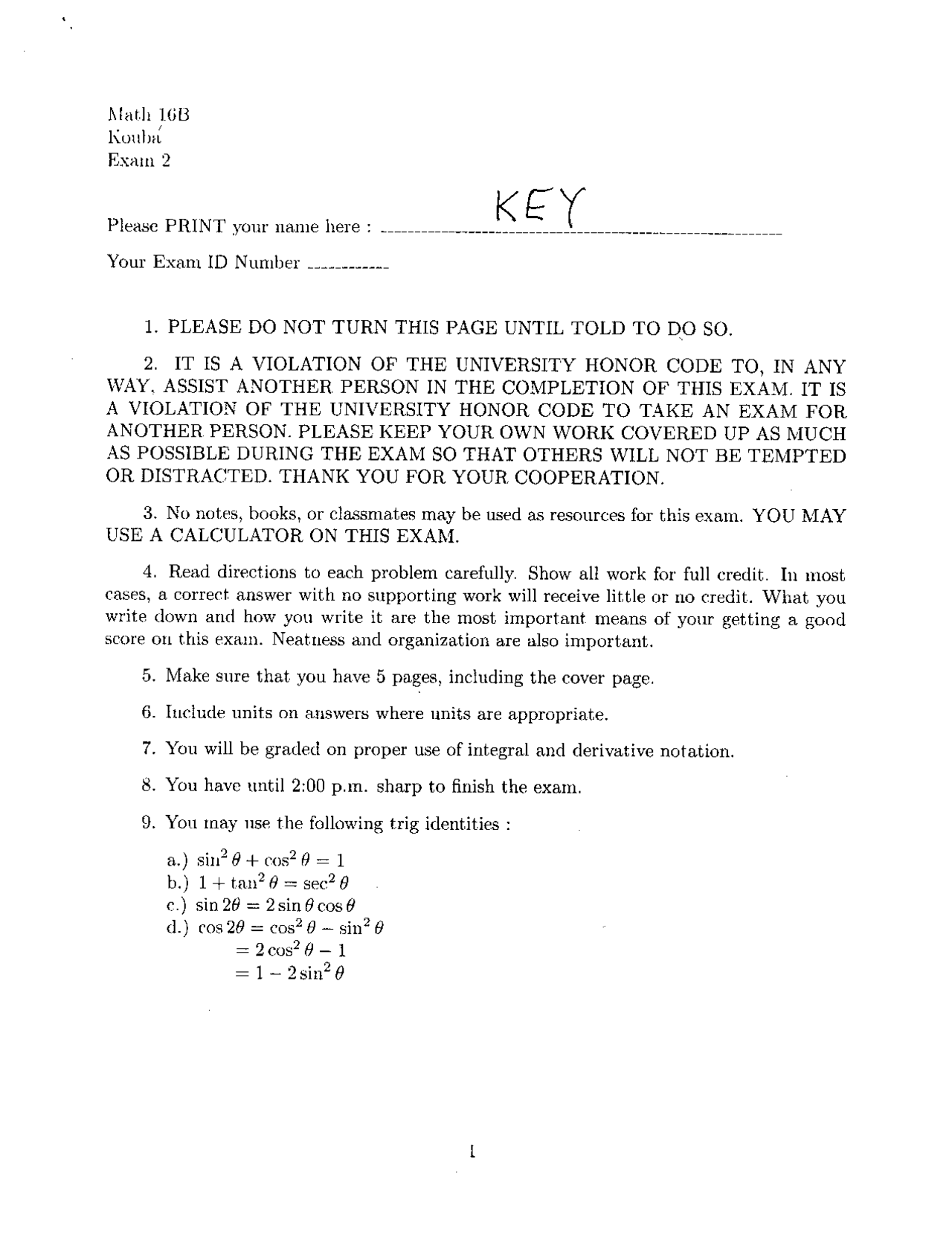 9 Problems On The Indefinite Integrals Exam 2 Mat 016b Docsity