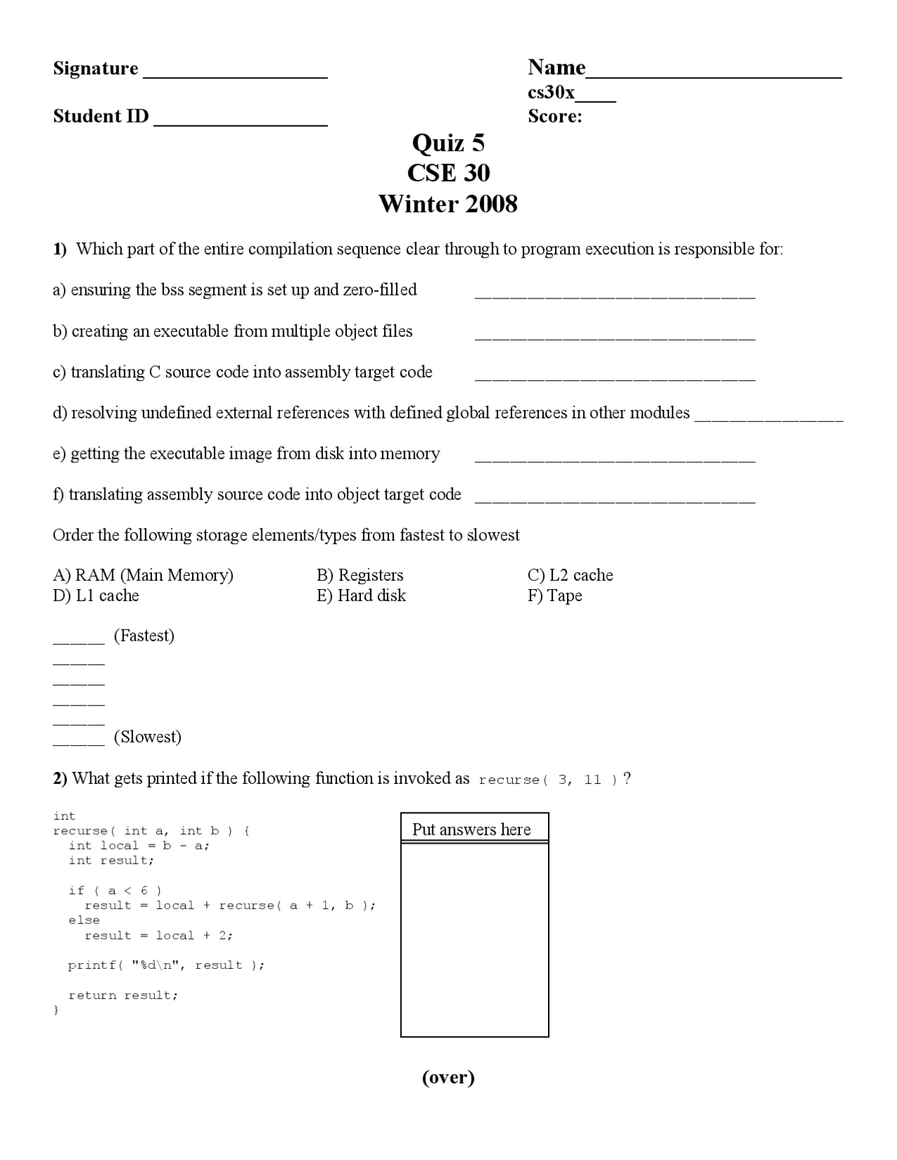 Computer Organization And Systems Programming Quiz 5 Cse 30 Docsity