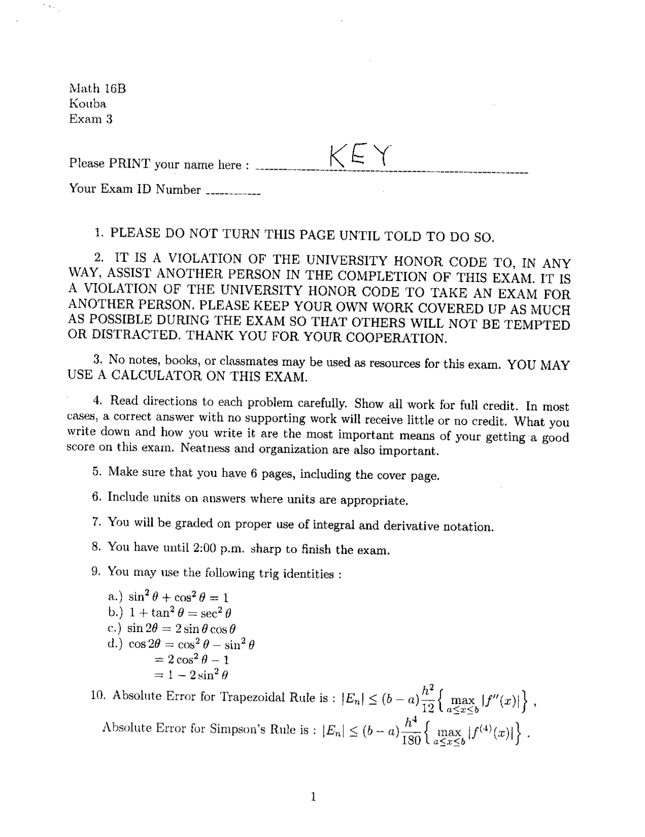 8 Problems on Short Calculus with Solution - Exam 3 | MAT 016B | Exams ...