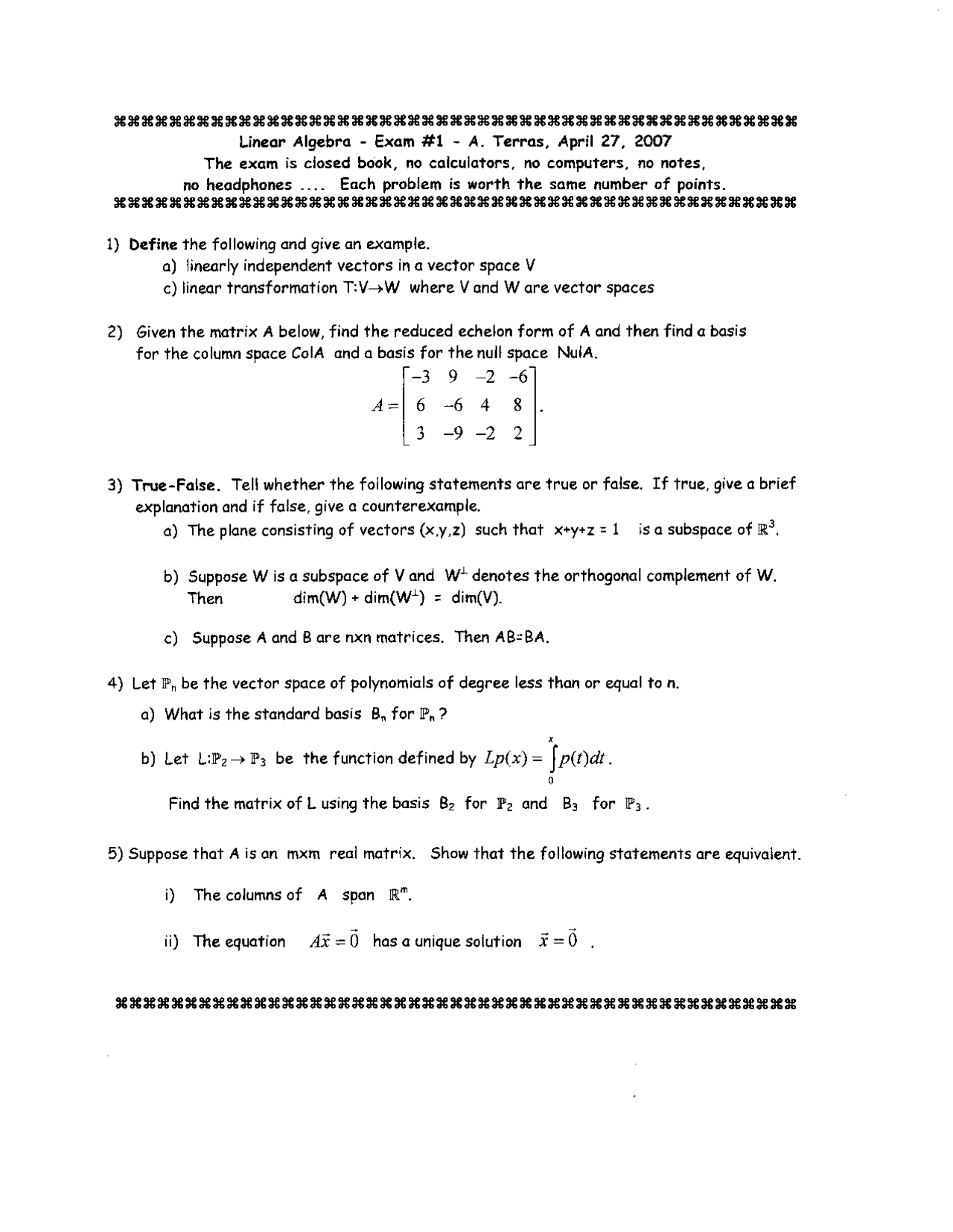 Exam 1 A Applied Linear Algebra Math 102 Docsity