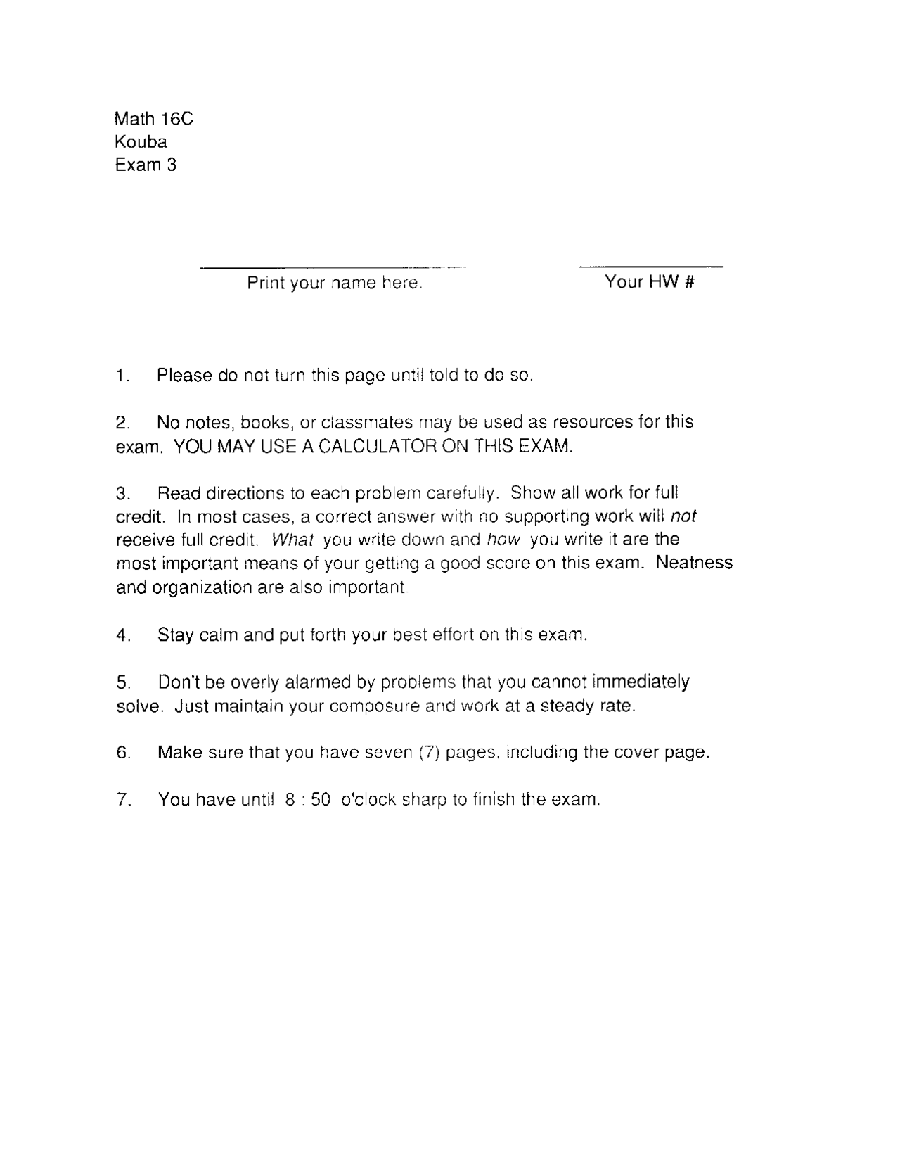 Examination 3 Short Calculus Mat 016c Docsity