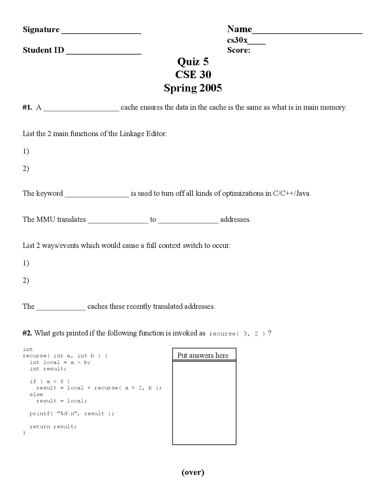 Quiz 5 Review Questions Computer Organization And Systems Program Cse 30 Docsity