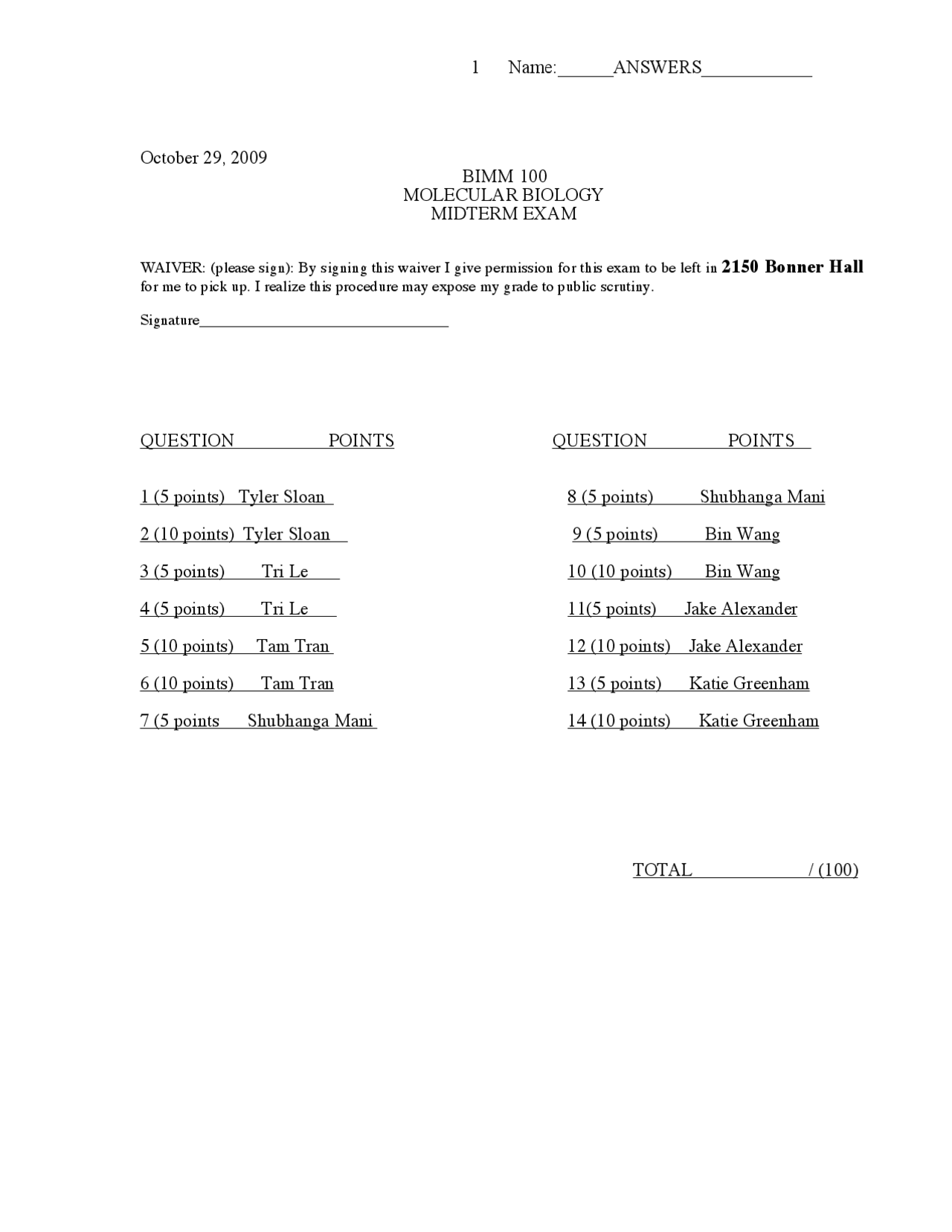 Midterm Exam With Answers Molecular Biology Bimm 100 Docsity