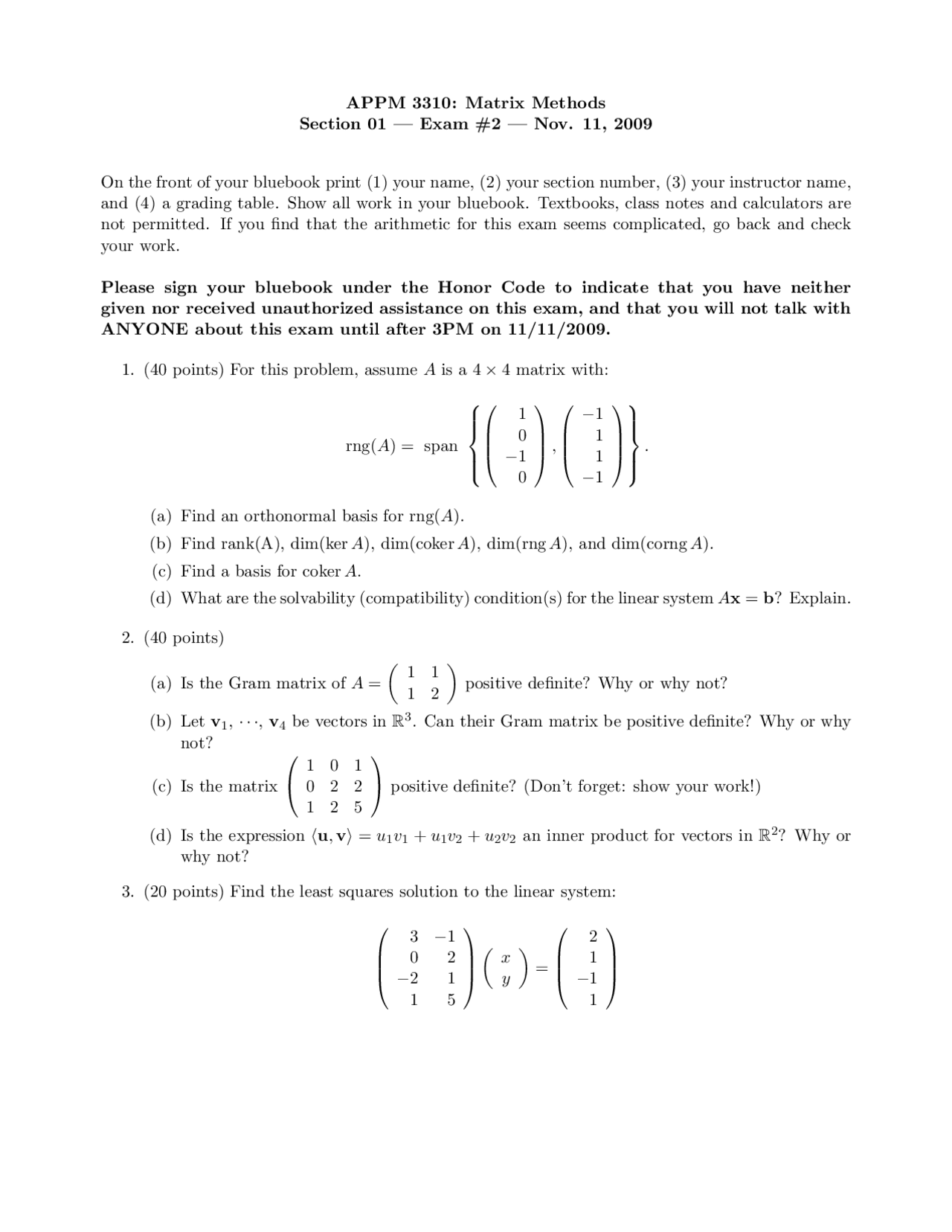 Exam 2 Matrix Methods And Applications Appm 3310 Docsity