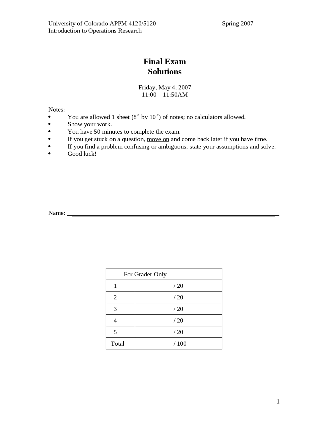 5 Questions On Operations Research With Solution Final Exam Appm
