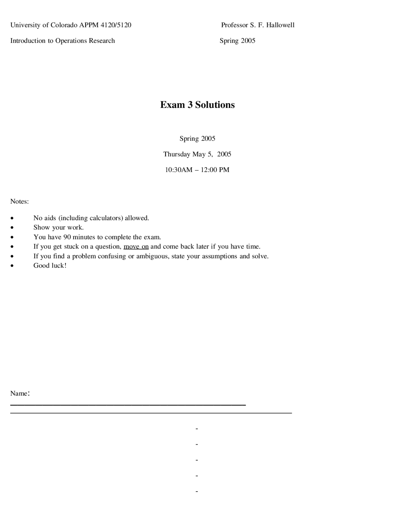 Exam 3 With Solution Introduction To Operations Research Appm 4120