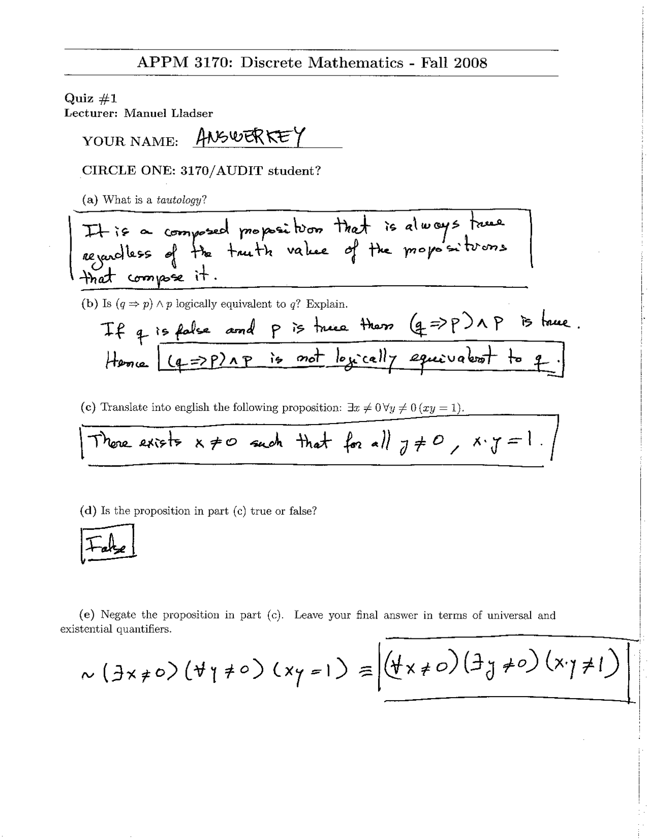 Quiz 1 With Solutions For Discrete Applied Mathematics Appm 3170