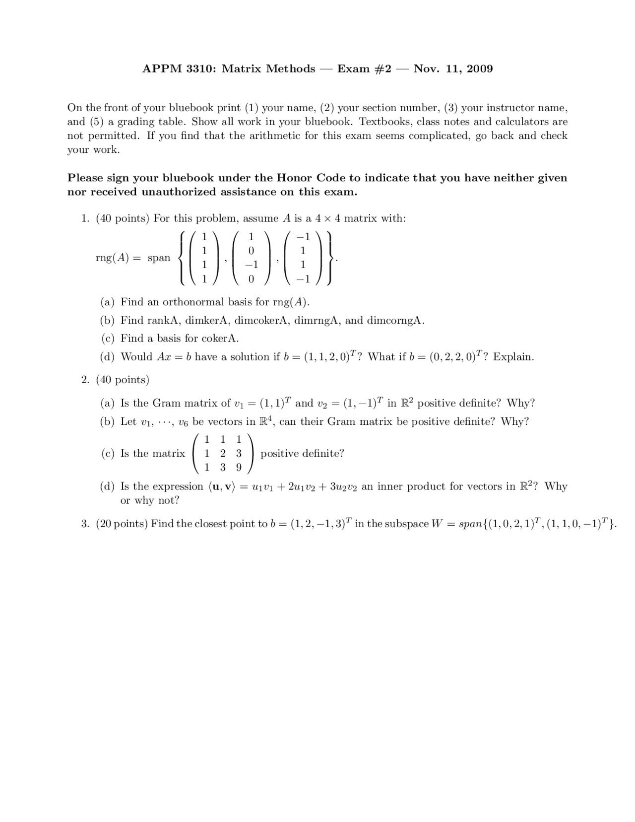 Exam 2 Questions With Solution Matrix Methods And Applications Appm