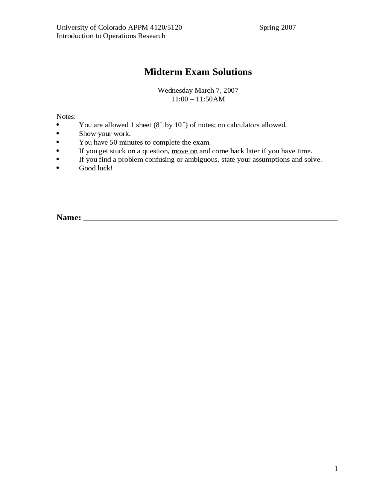 Midterm Exam Solutions For Introduction To Operations Research Appm
