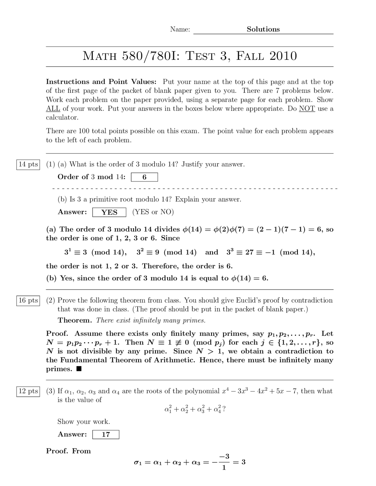 Past Test 3 With Answer Key Elementary Number Theory Math 580 Docsity