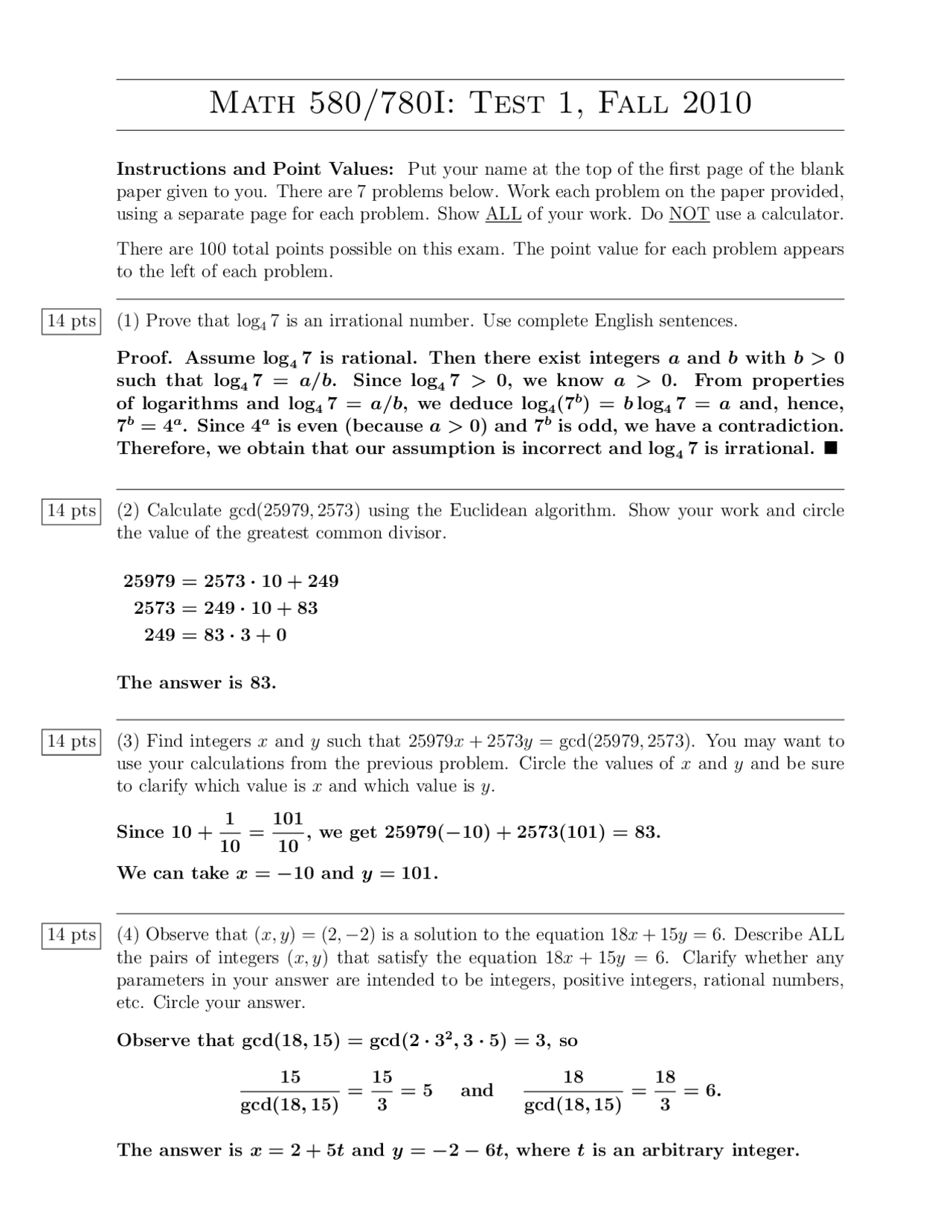 Old Test 1 With Solutions Elementary Number Theory Math 580 Docsity