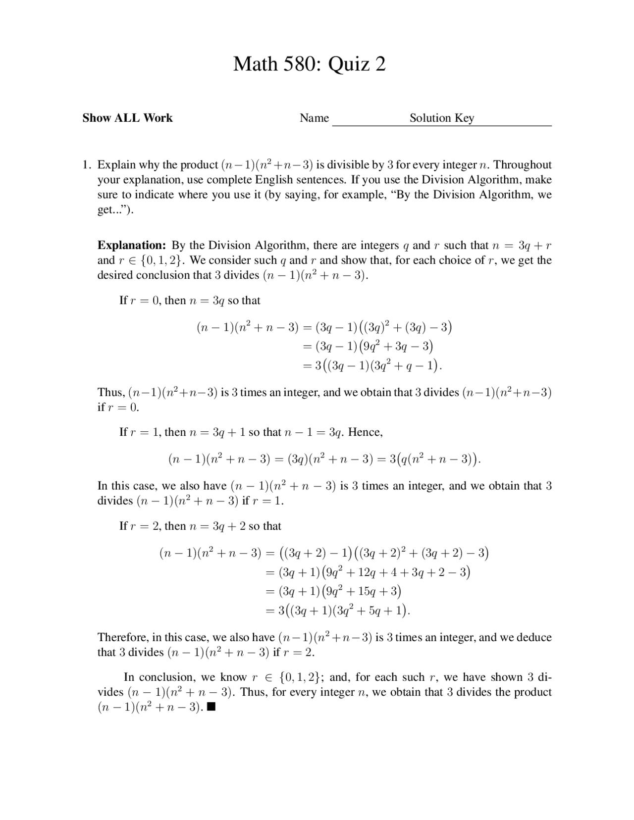 Quiz 2 Solution Key Elementary Number Theory Math 580 Docsity