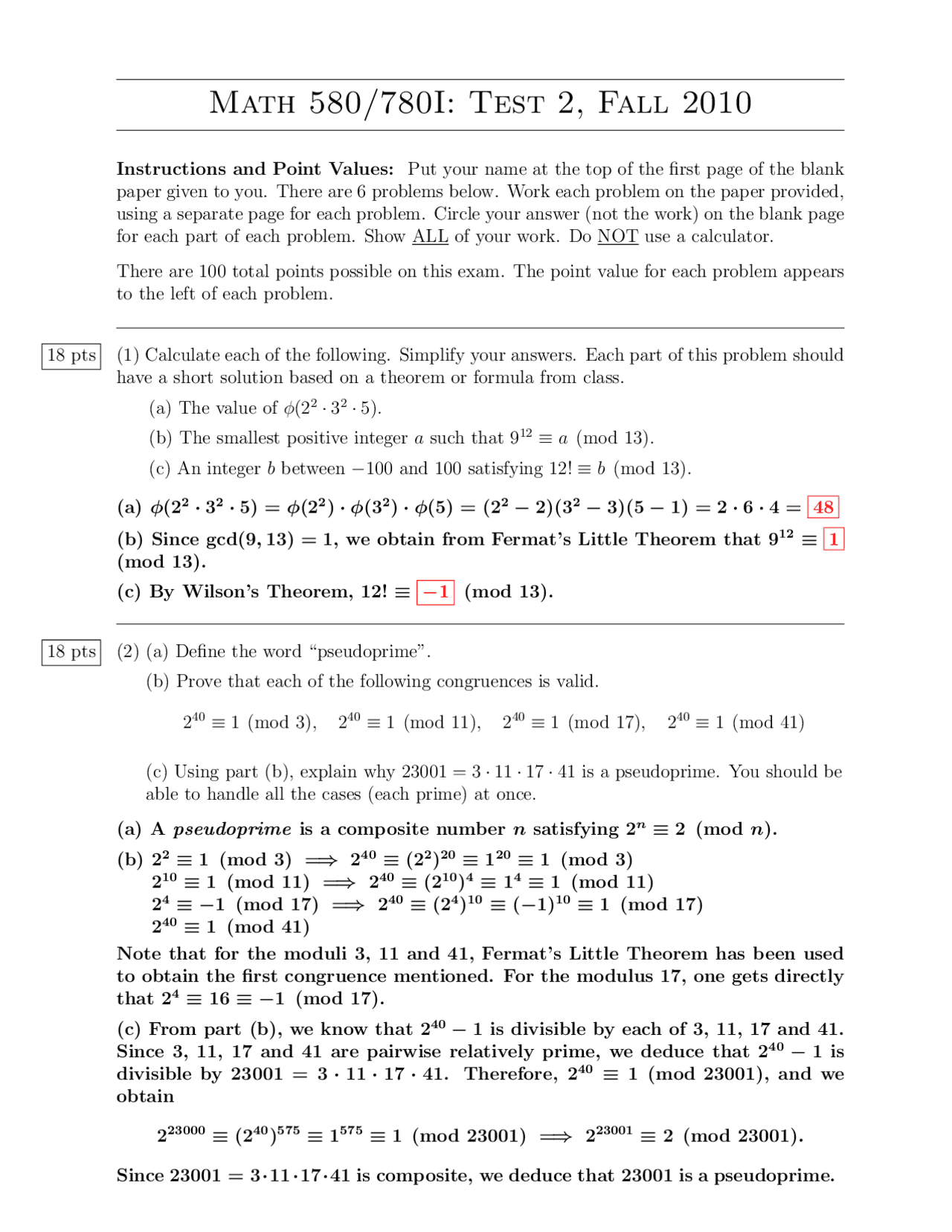 Elementary Number Theory Test 2 With Answers Math 580 Docsity