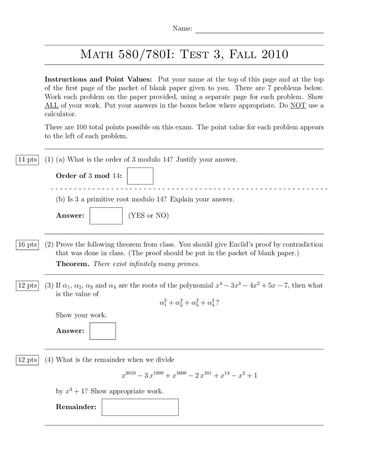 Math 580/780I Test 3, Fall 2010 - Prof. Ma Filaseta | Exams Mathematics ...