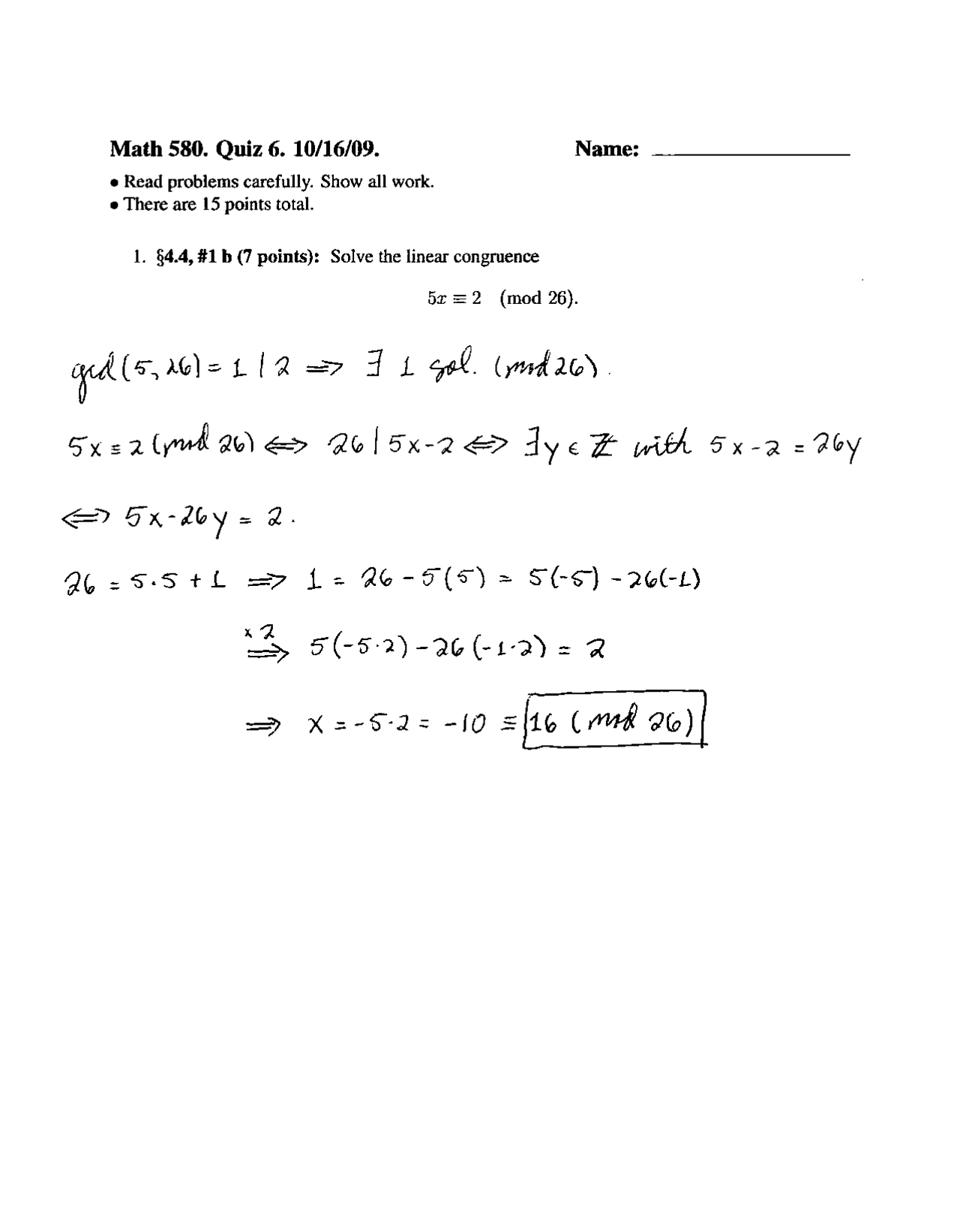 Quiz 6 Manual Solutions Elementary Number Theory Math 580 Docsity