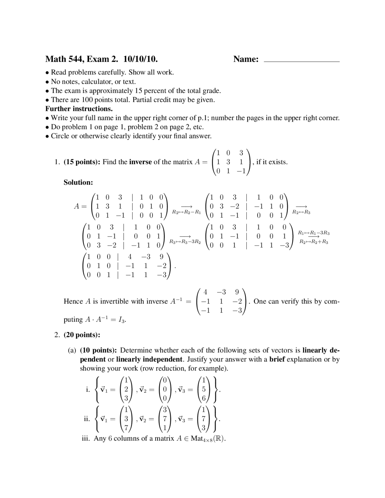 6 Solved Questions For Exam 2 Linear Algebra Math 544 Docsity