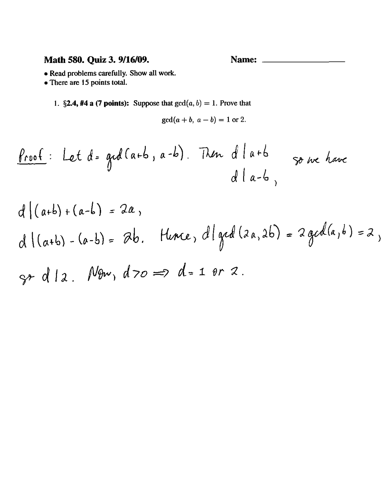Quiz 3 With Solutions Elementary Number Theory Math 580 Docsity