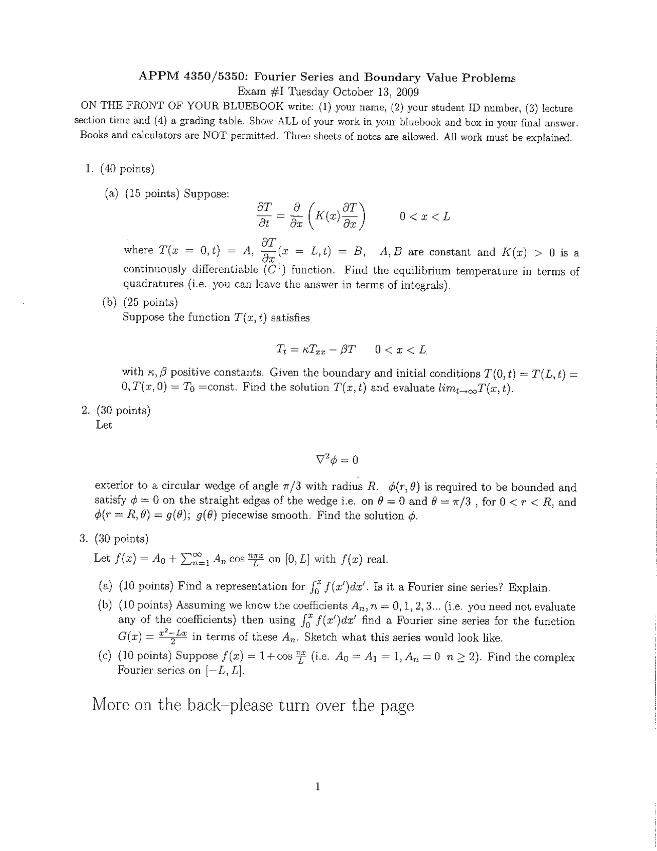Exam 1 Fourier Series And Boundary Value Problems Appm 4350 Docsity