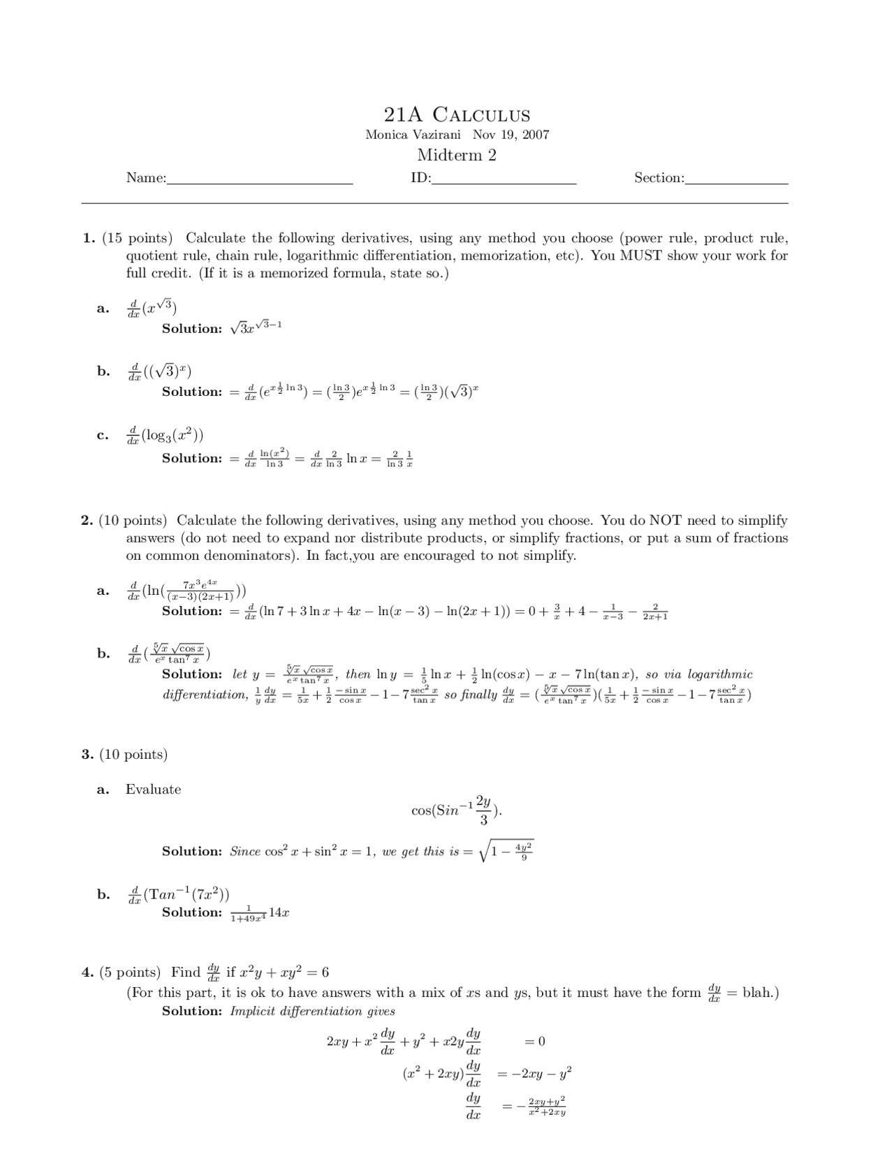 7 Problems On Basic Calculus Examination 2 Mat 021a Docsity