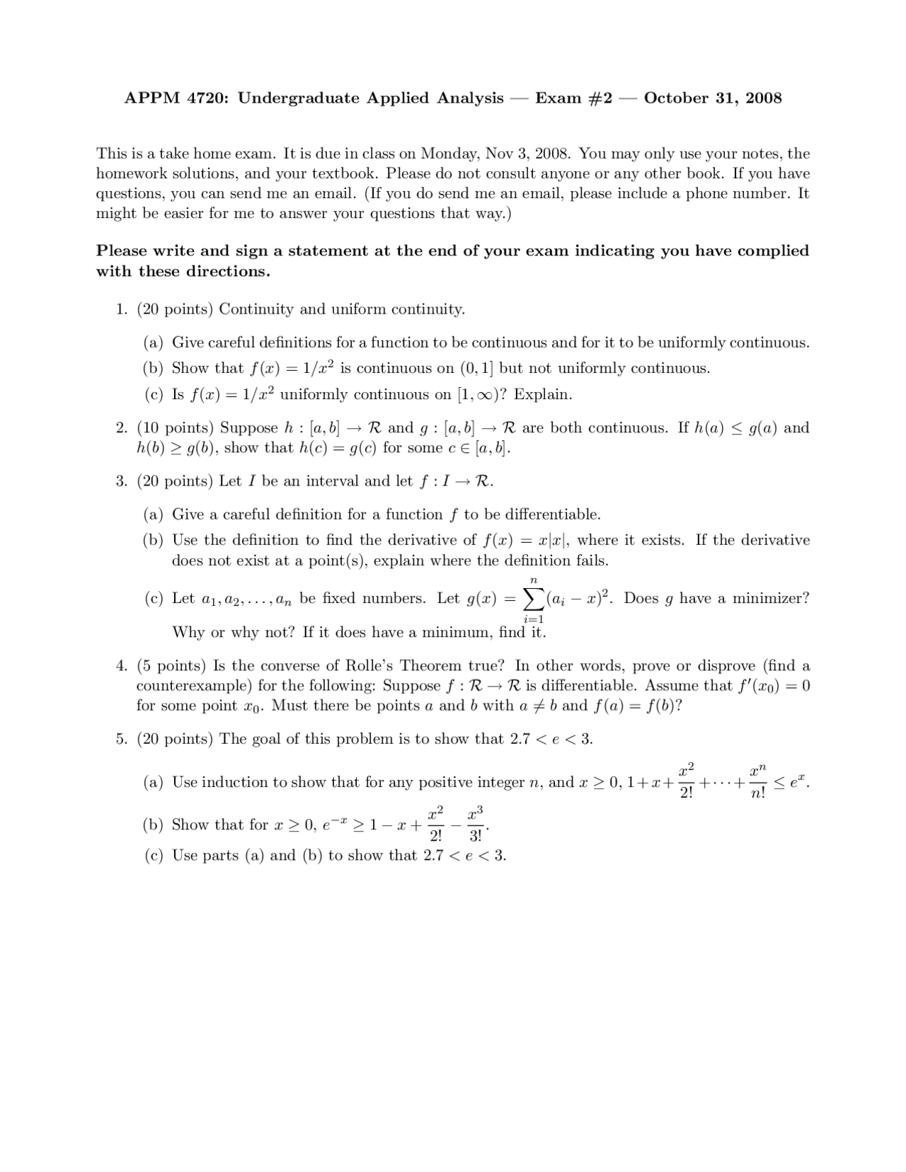 5 Problems On Applied Mathematics Examination 2 Appm 4720 Docsity