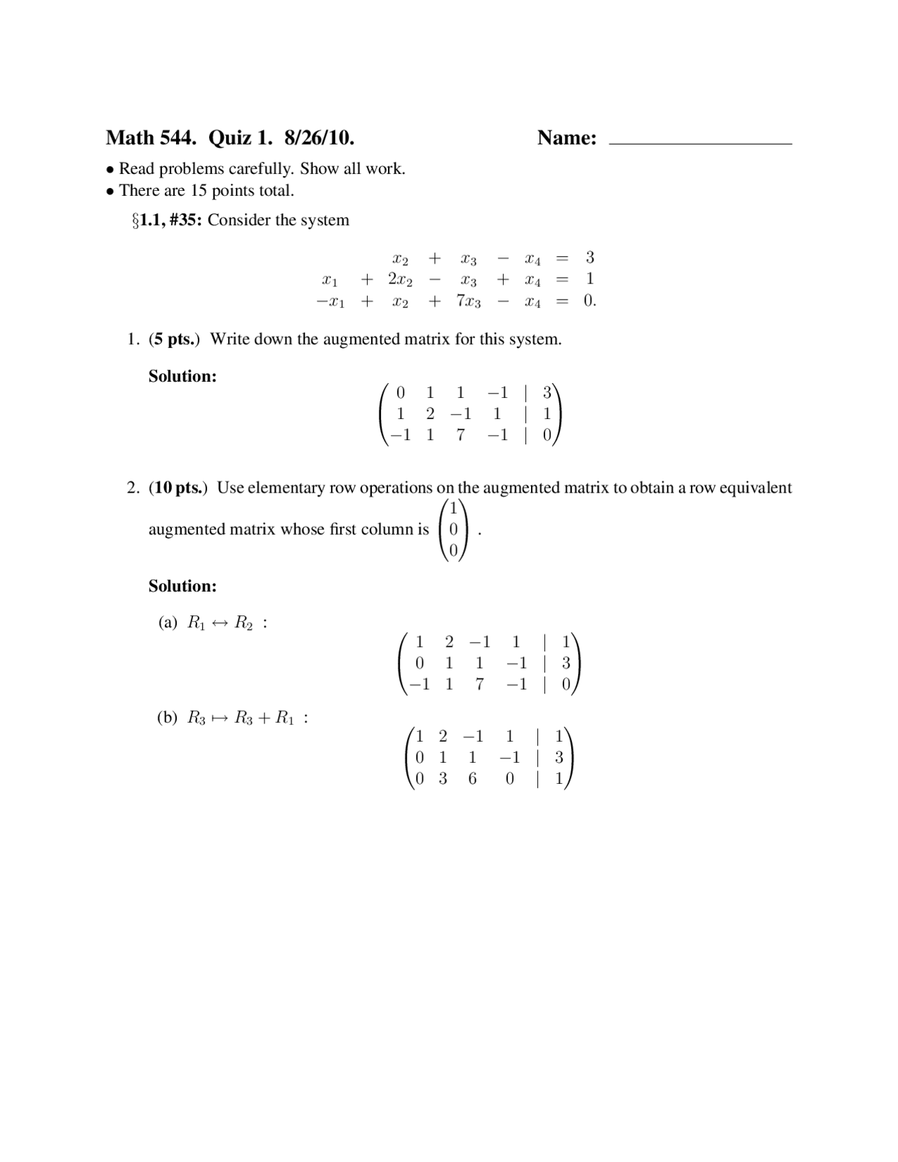 Linear Algebra Quiz 1 With Answers Math 544 Docsity
