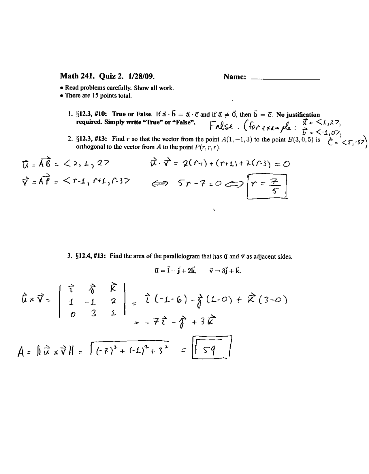 Solved Questions For Vector Calculus Quiz Ii Math 241 Docsity