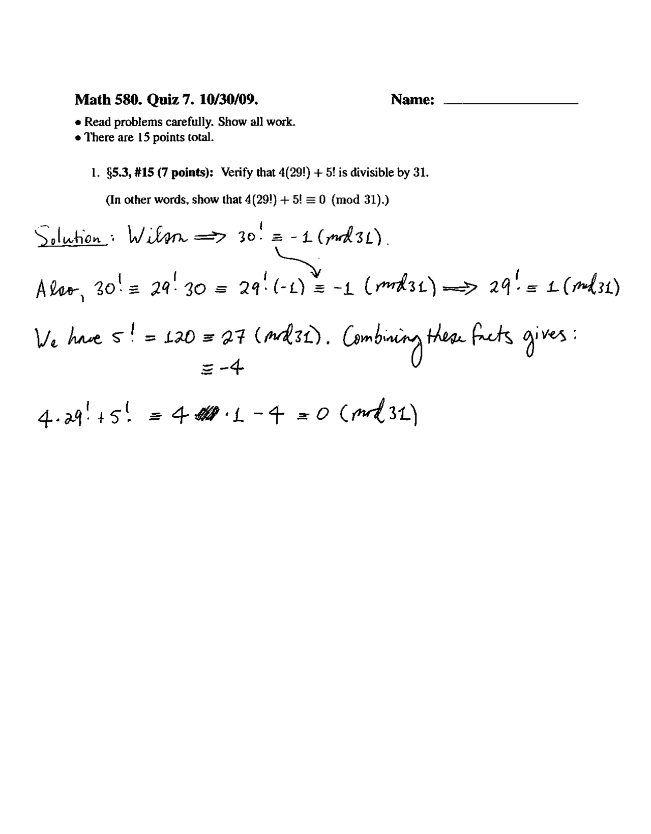Solutions to Quiz 7 - Elementary Number Theory | MATH 580 - Docsity