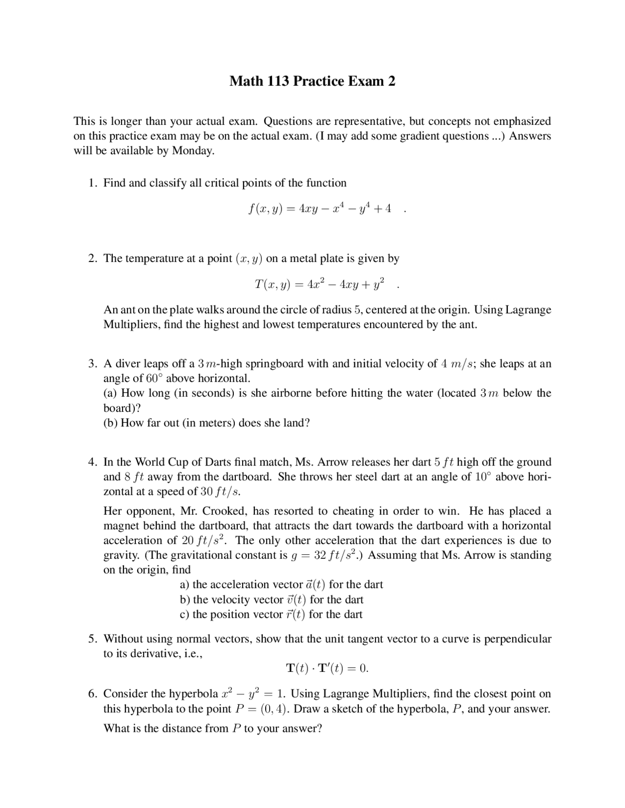 Practice Exam 2 With Answers Multivariable Calculus Mth 113 Exams
