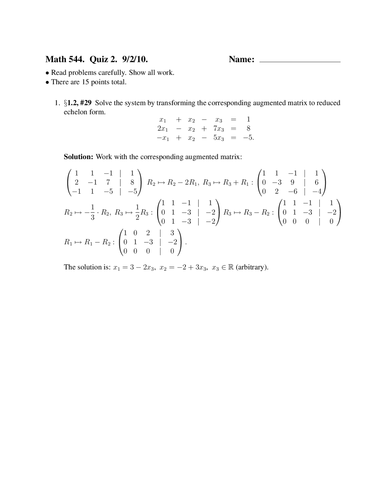 Quiz 2 Questions With Answer Linear Algebra Math 544 Docsity