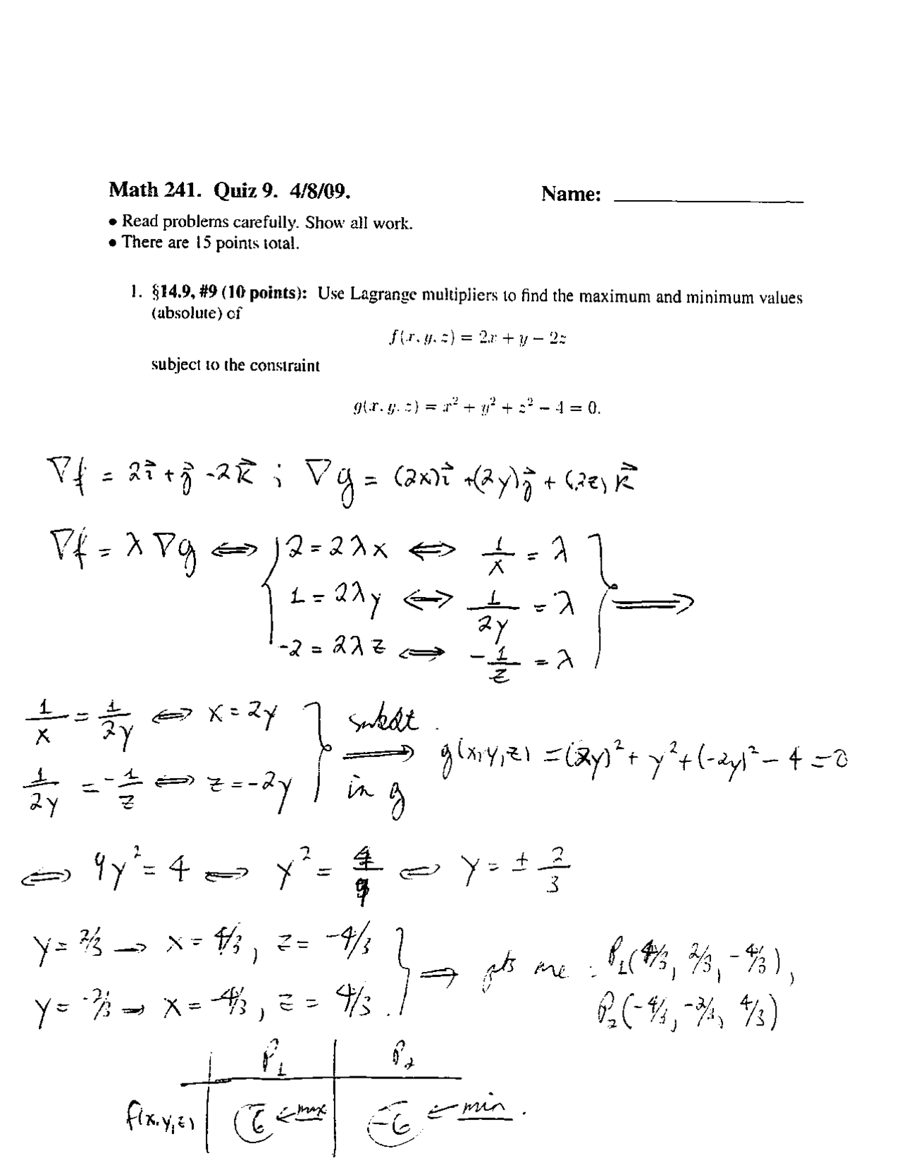 Solved 2 Questions Of Vector Calculus Quiz 9 Math 241 Docsity