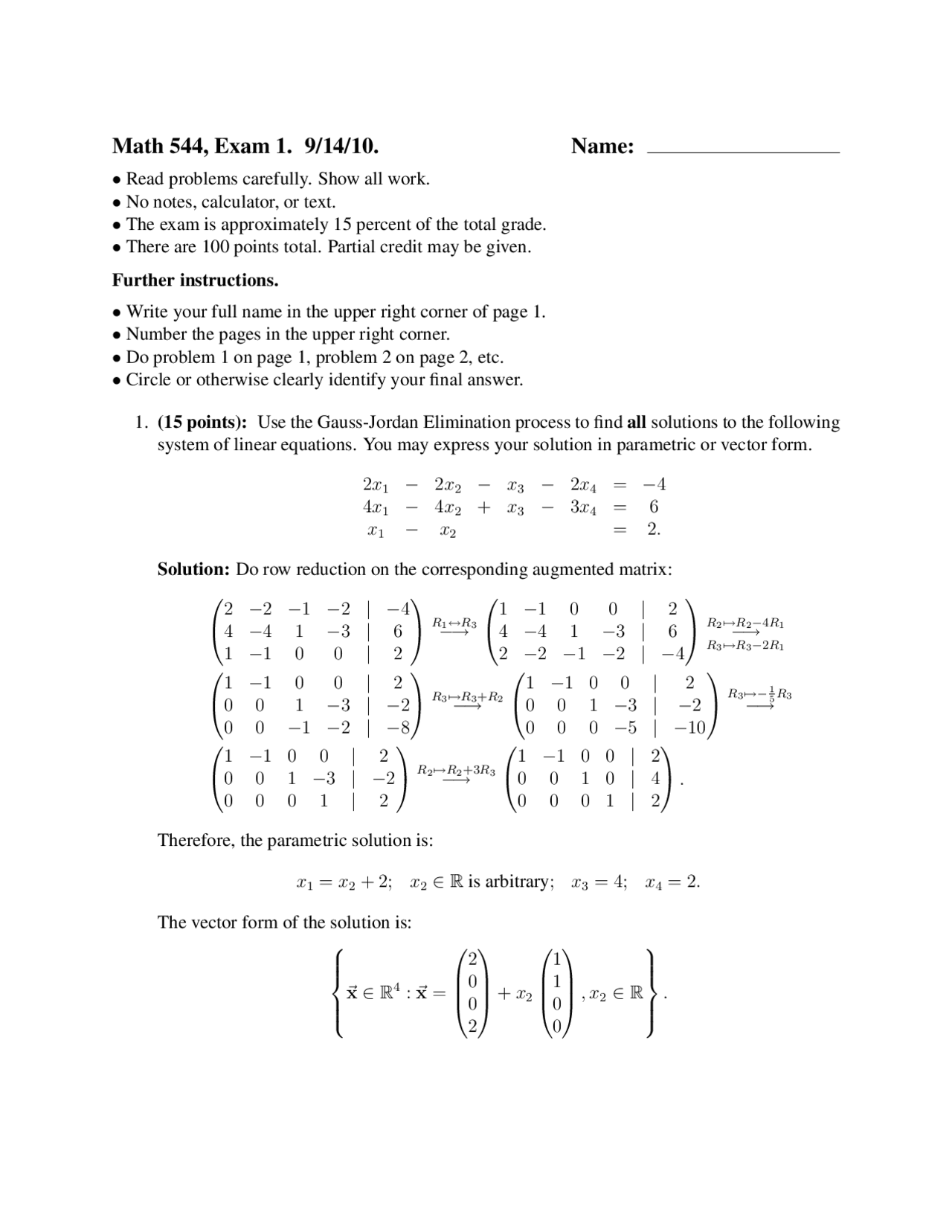 Exam 1 with Solution Key - Linear Algebra | MATH 544 - Docsity