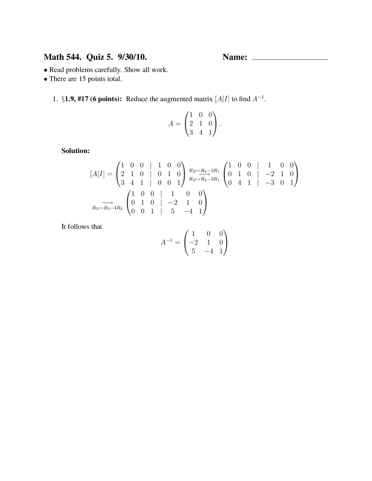 Practice Questions on Linear Algebra for Quiz 5 | MATH 544 - Docsity