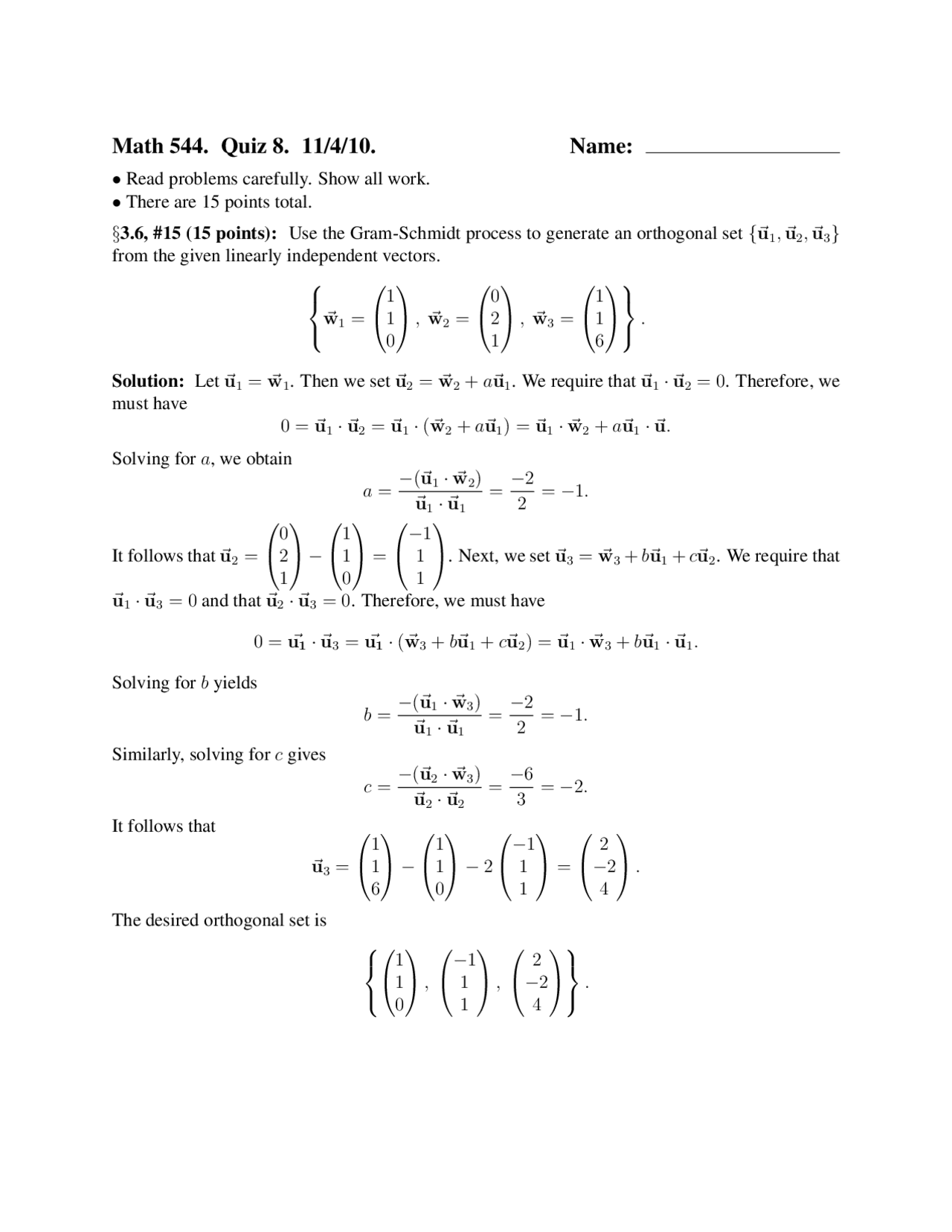 Quiz 8 With Solution For Linear Algebra Math 544 Docsity