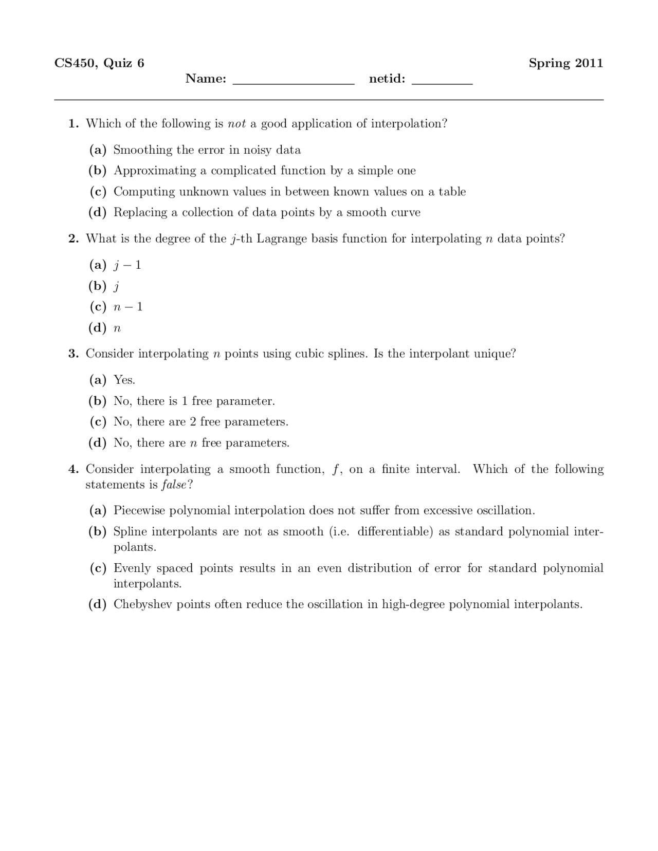 Quiz 6 With 4 Questions Numerical Analysis Cs 450 Docsity