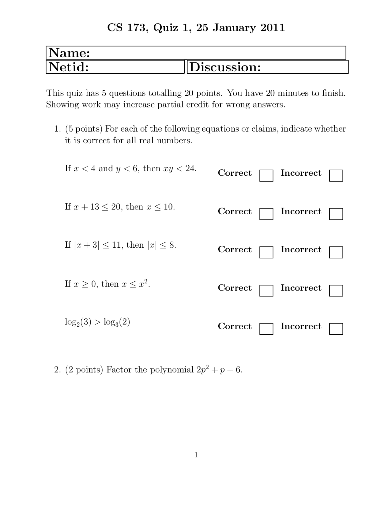 Quiz 1 With Solutions Discrete Structures Cs 173 Docsity