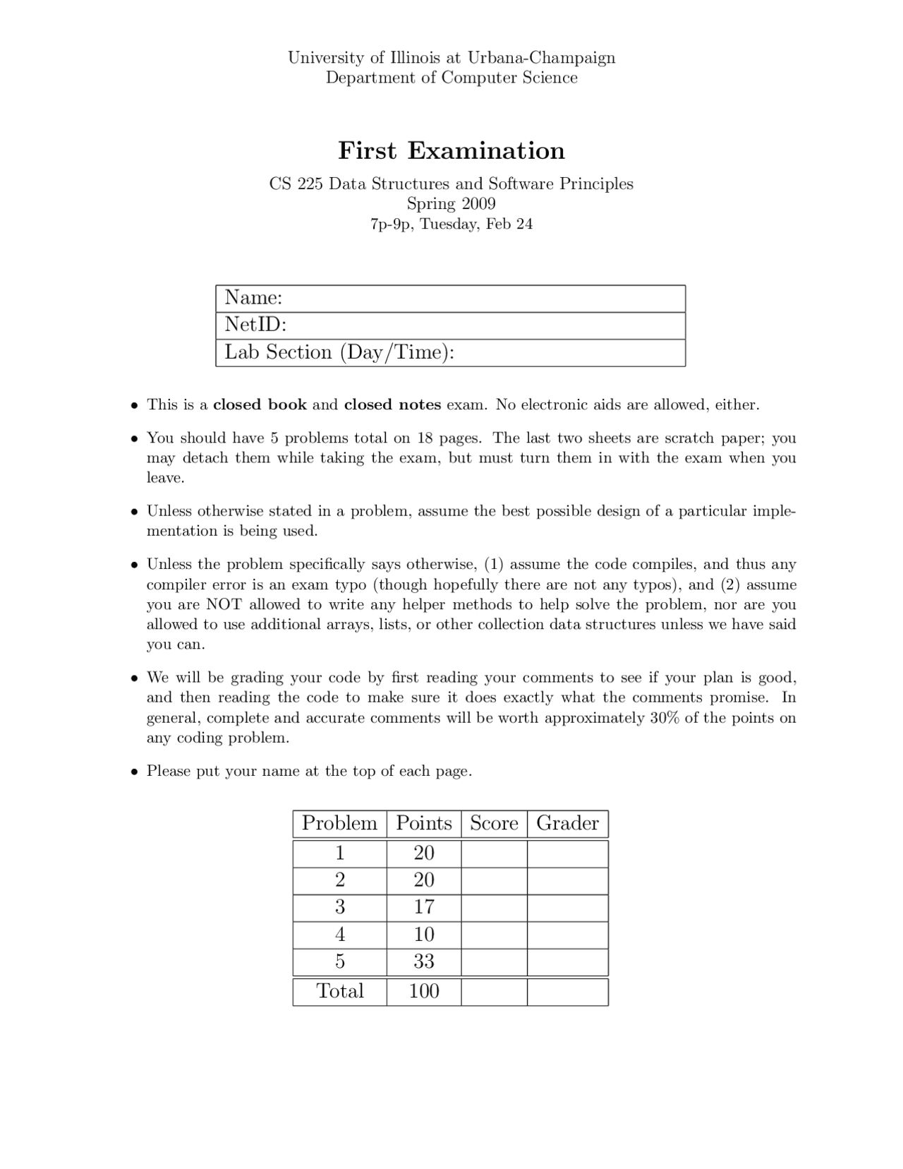 Data Structures And Software Principles 5 Problems On Exam I Cs 225