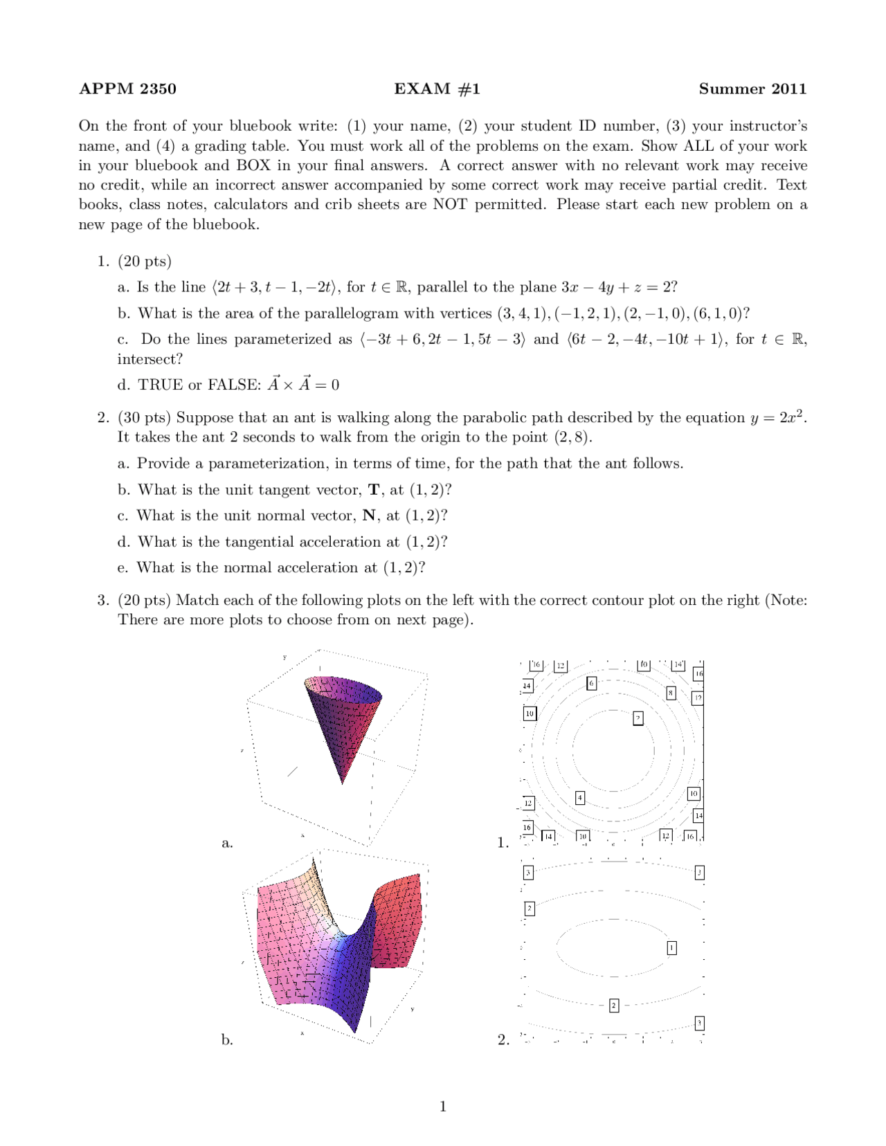 Questions With Solution Of Calculus 3 For Engineering Exam 1 Appm
