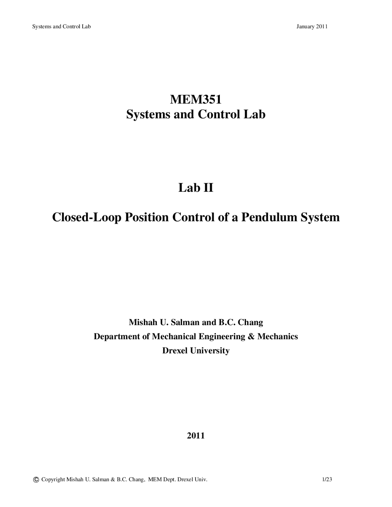 Systems and Control Laboratory - Dynamic Systems Laboratory I | MEM 351 ...