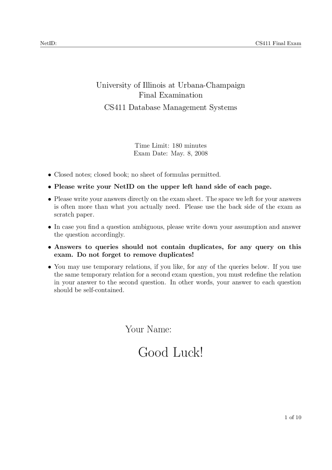 Final Exam Solution - Database Management Systems | CS 411 | Exams Deductive Database Systems ...