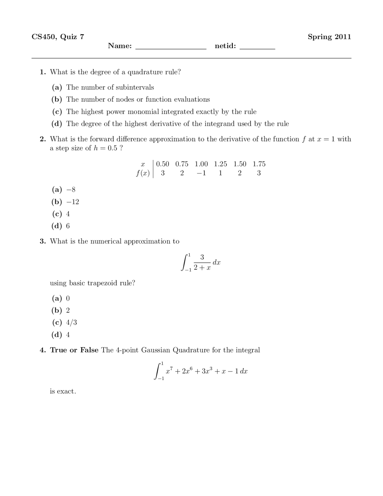 4 Multiple Choice Questions In Quiz 7 Numerical Analysis Cs 450
